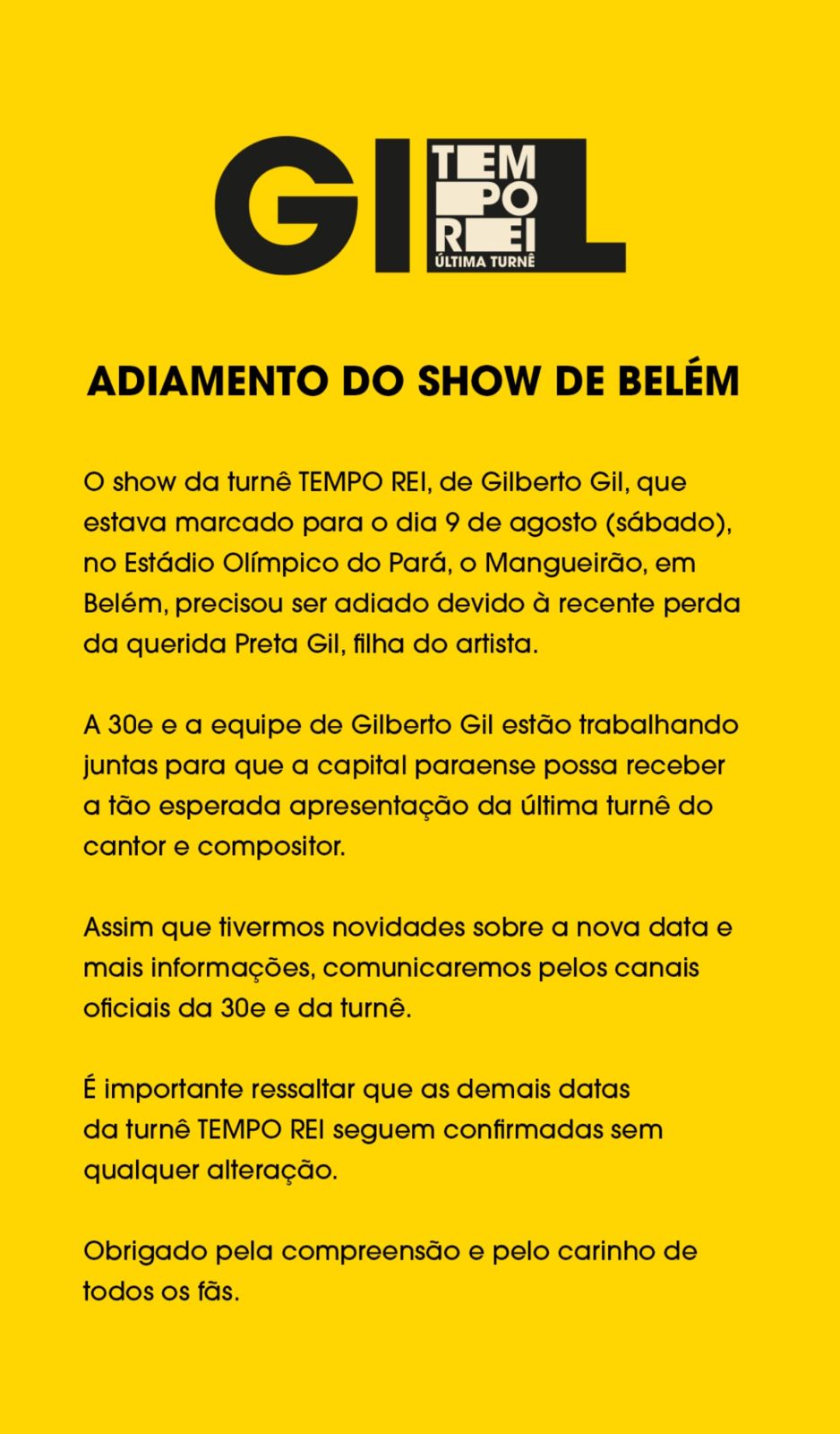Após morte de Preta Gil, show de Gilberto Gil em Belém é adiado | Alô ...